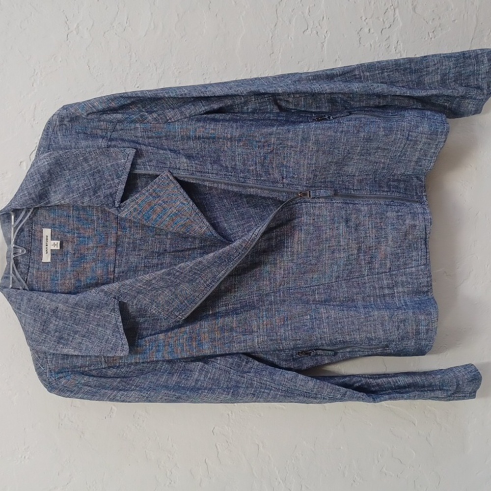Max Studio Navy Blue Linen Blend Moto Jacket Coat Sz L - Gem